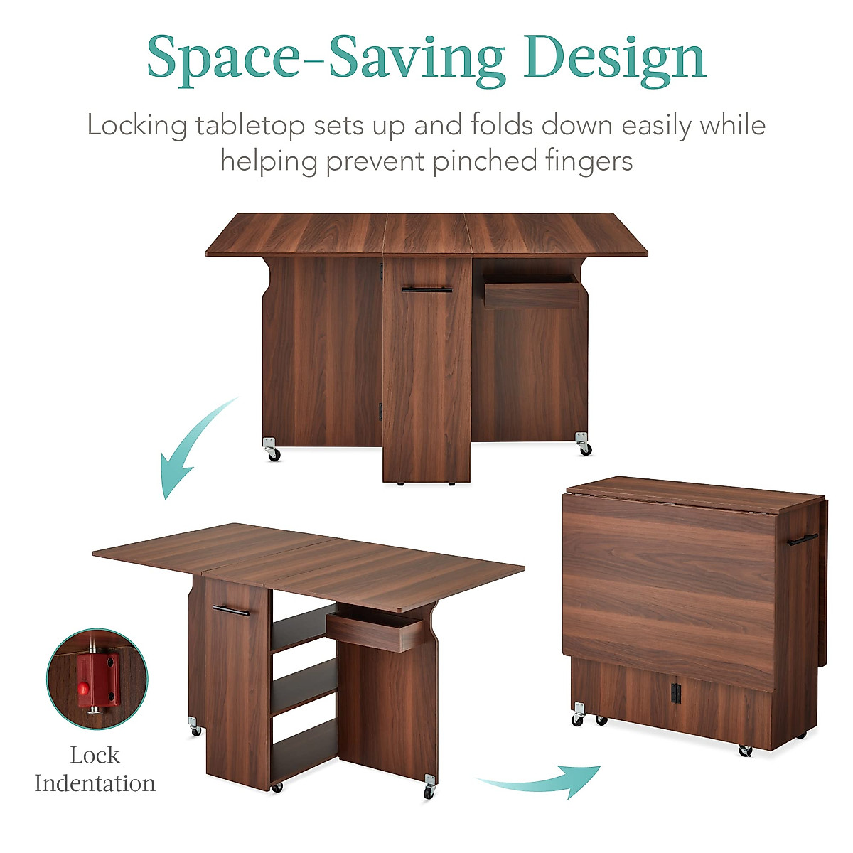 Best Choice Products Folding Dining Table, Multipurpose Space Saving Collapsible Drop Leaf Extension Desk w/Wheels, 3 Storage Shelves - Brown