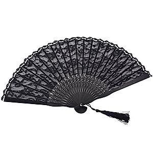 Meifan Womens Multi Color Handmade Cotton Lace Folding Hand Fan (Black-A)