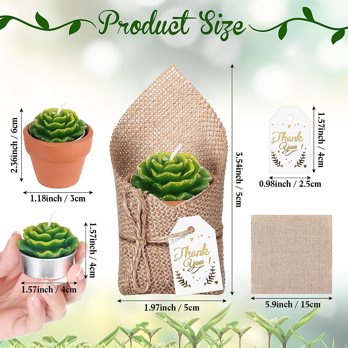 MTLEE 12 Sets Succulent Cactus Tealight Candles with Mini Terracotta Pots Natural Burlap Bags Thank You Tag and Ropes, Baby Shower Plant Candles, Handmade Plant Candles Gift for Birthday and Wedding