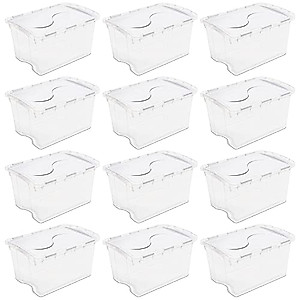 Sterilite Single 48-Quart Clear Hinged Lid Storage Tote Box Container with Attached Hinged Lids for Home Organization, (12 Pack)