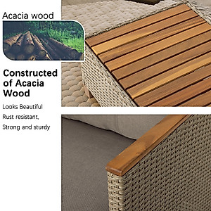 WiberWi Patio Furniture Set 3 Piece Outdoor Sectional Sofa Couch All Weather Rattan Wicker Conversation Set with Acacia Wood Coffee Table for Backyard Porch Garden Balcony, Waterproof, Grey