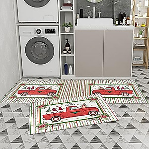 Christmas 2 Pieces Kitchen Rugs and Mats Set, Merry Christmas Red Truck with Gnome Green Stripes Kitchen Mats Cushioned Floormat Non Slip Runner Rug Set for Kitchen Laundry Entryway, 18"x30"+18"x60"