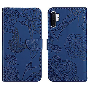 ONV Samsung Galaxy Note 10 Plus Flip Case - 1.5m Crossbody Lanyard Flip Wallet Case Magnetic Card Slot Foldable Embossed Butterfly Leather Case for Samsung Galaxy Note 10 Plus [Flower] - Blue
