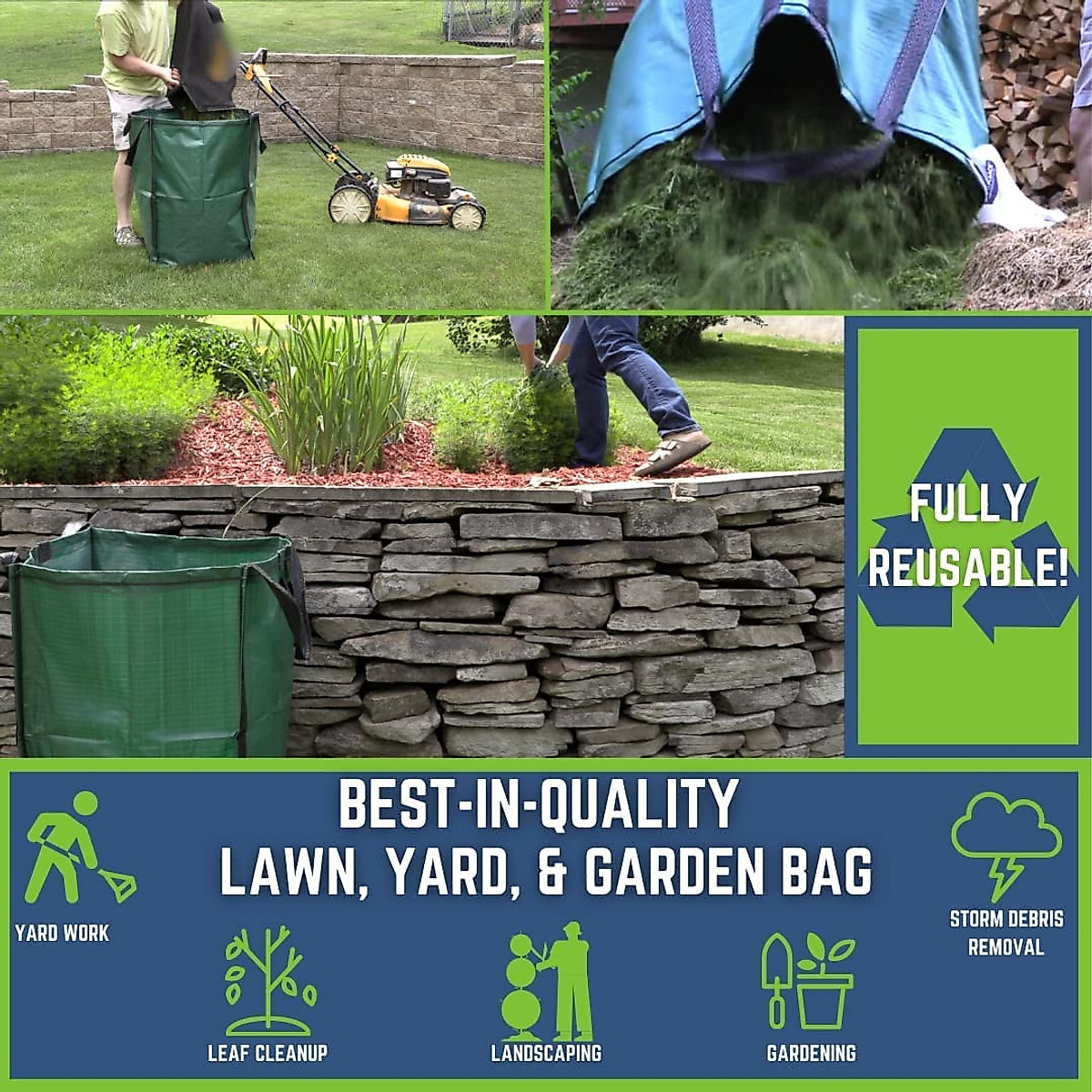 DURASACK Heavy Duty Home and Yard Waste Bag 48-Gallon Woven Polypropylene, Reusable Lawn and Leaf Garden Bag with Reinforced Carry Handles, Pop-Up Self-Standing Garbage Can, Green