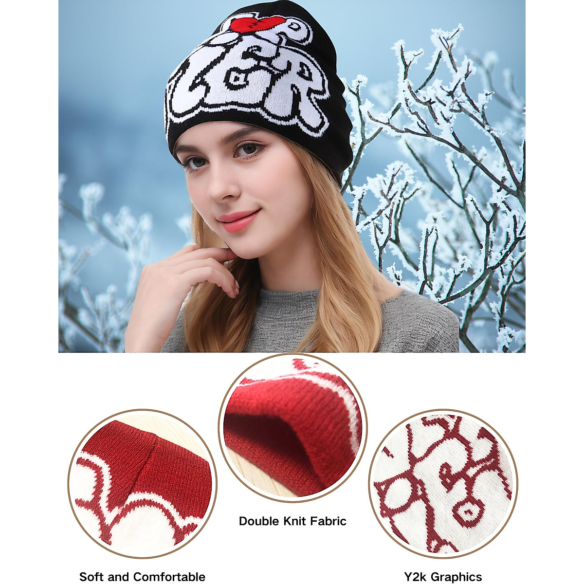 CORIRESHA Men Women Letter Graphic Y2k Beanie Knitted Hats Warm Winter Outdoor Caps Black White