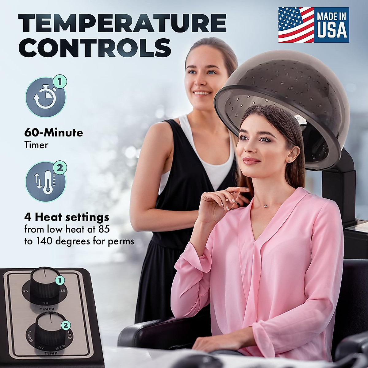 Buy-Rite X-TRA Hot Dryer Professional Hooded Standing Salon Dryer, 980 Watts, Made in The USA, Timer and 4-Setting Temperature Control, Adjustable Extra Large Hood, HL-1500