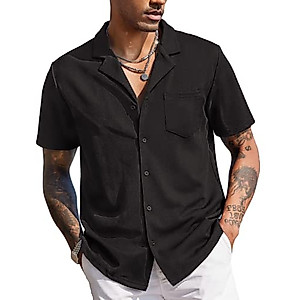 COOFANDY Men's Button Down Cuban Short Sleeve Shirts Textured Crochet Camp Black Shirts
