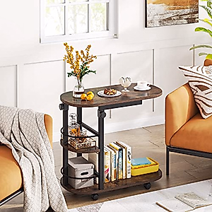 LITTLE TREE Side Height Adjustable C Table with Wheels, Black Rustic Brown