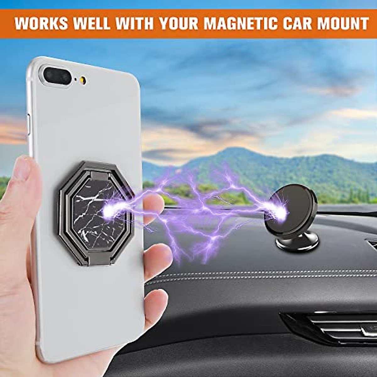 cobee Cell Phone Ring Holder Finger Kickstand, 360° Rotation Metal Cellphone Back Grip Foldable Cell Phone Stand Adjustable Phone Holder Compatible with Most Smartphones(Black Marbling)