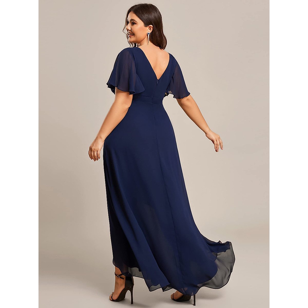 Ever-Pretty Plus Women's V Neck Ruffle Hem Short Sleeves A-line Plus Size Wedding Guest Dress Navy Blue US20