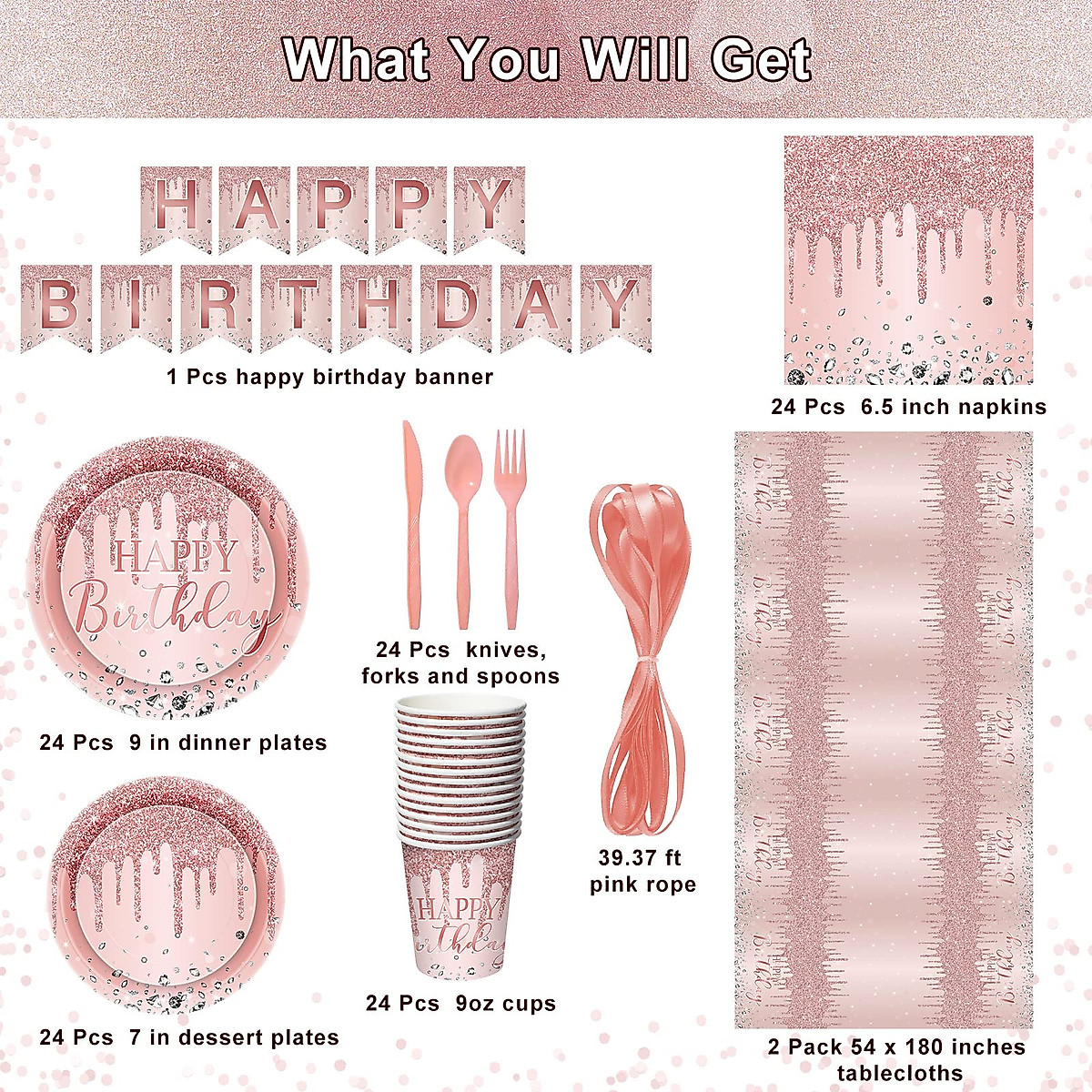 Roshtia 171 Pcs Pink Rose Gold Birthday Party Supplies Pink Birthday Tableware Set Rose Gold Party Plates and Napkin Tablecloths with Banner and Forks Knives Spoons Serve 24 Guest