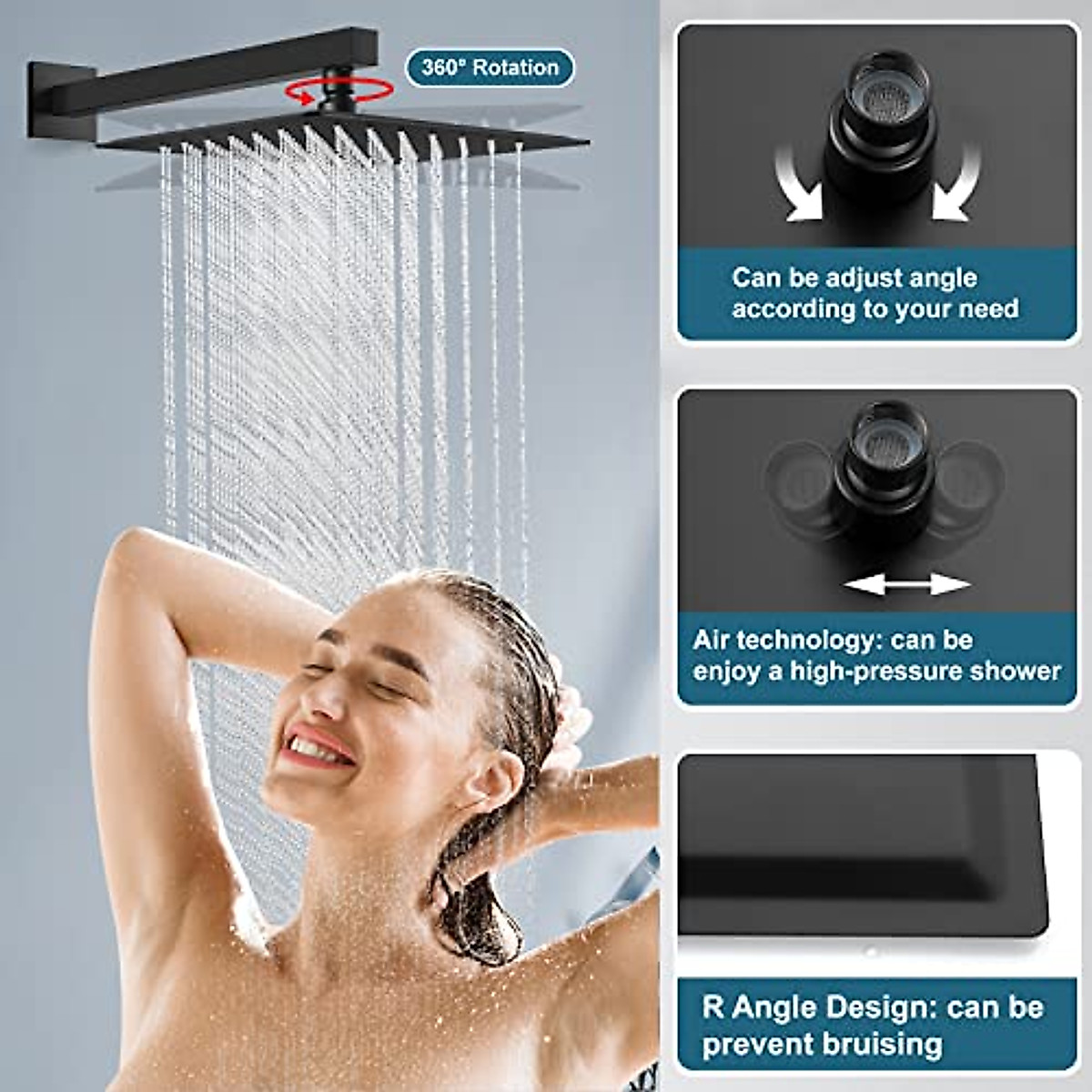 Midanya Matte Black Rain Shower System 10 Inch Square Rainfall Shower Head Wall Mount Shower Faucet Set with Hand Sprayer Rough-in Valve Trim Kit Bathroom Mixer Shower Combo Set