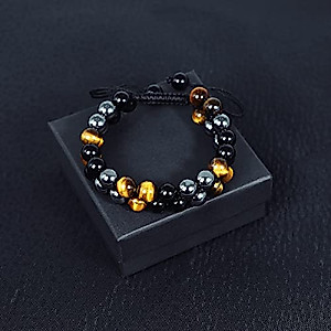 Triple Protection Bracelet Natural Black Obsidian Tigers Eye Hematite 8mm Beads Crystal Bracelet Healing Bracelets for Men Women Bring Prosperity Luck and Health
