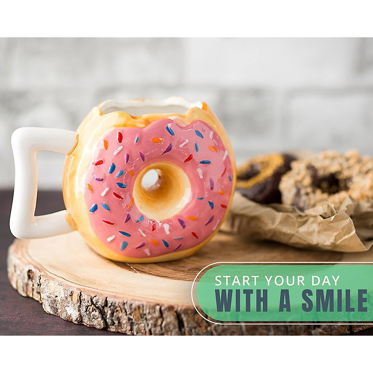 Ceramic Donut Mug - Delicious Pink Glaze Doughnut with Sprinkles - Funny "MMM... Donuts!" Quote - Best Cup For Coffee, Tea, Hot Chocolate and More - Large 14 oz - Funny Coffee Mug Gift - Pink
