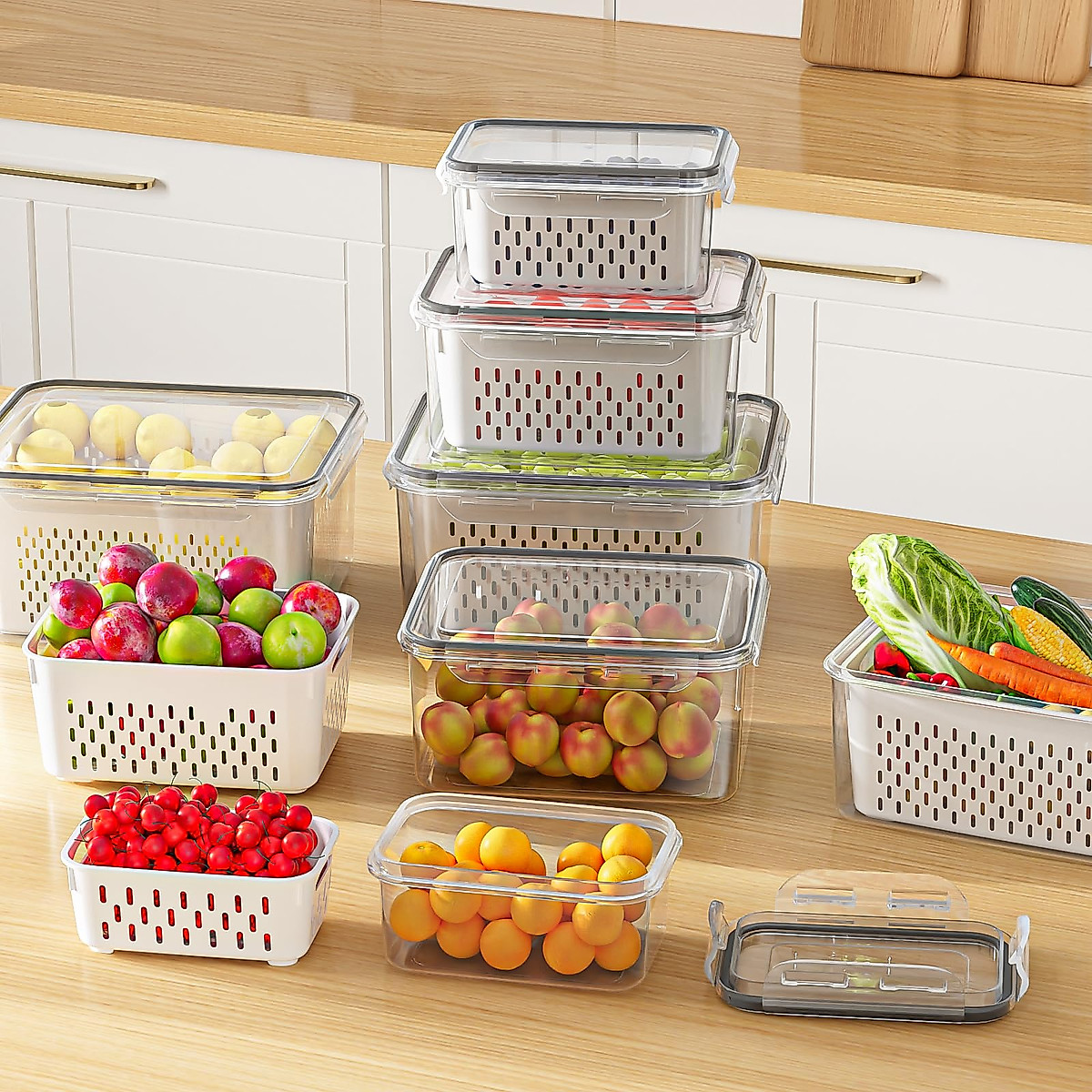 6 Pcs Large Fruit Containers For Fridge, Airtight Food Storage Containers with Removable Colander, Dishwasher & Microwave Safe, Berry Produce Container Keep Vegetable, Fruit, Meat Fresh Longer