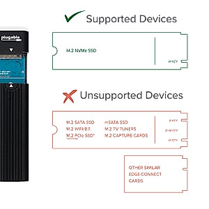 Plugable USB-C M.2 NVMe SSD Enclosure; Tool-Free & Driverless. USB 3 Type-C, including Thunderbolt and USB4, at 10Gbps. For M.2 NVMe SSDs 2230 to 2280 PCIe Gen 3 and 4. USB C and USB A cables included