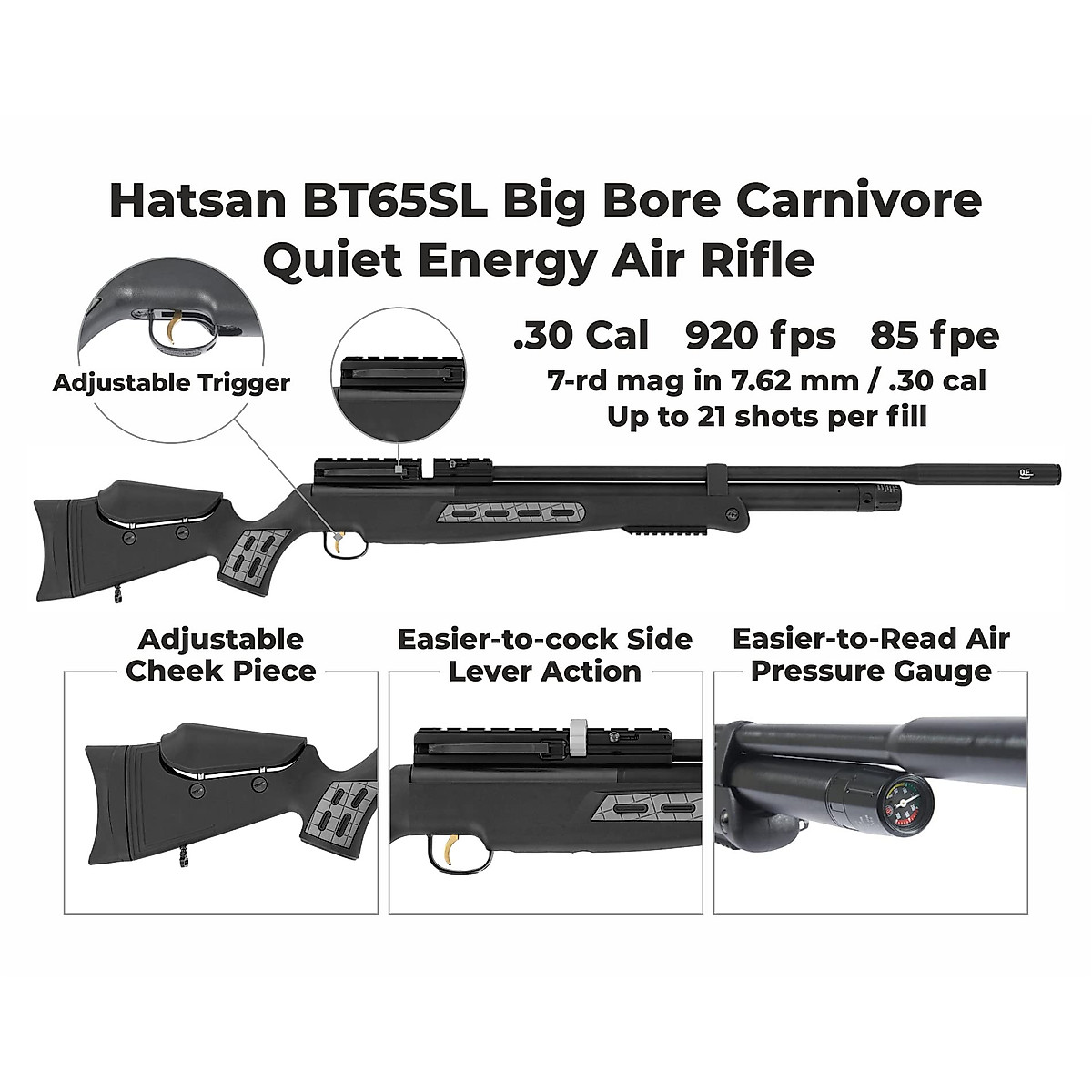 Wearable4U - Hatsan BT 65 SL QE Big Bore Carnivore .30 Cal PCP Air Rifle w/Scope and 100 Paper Targets and 100x .30 Cal Pellets Bundle