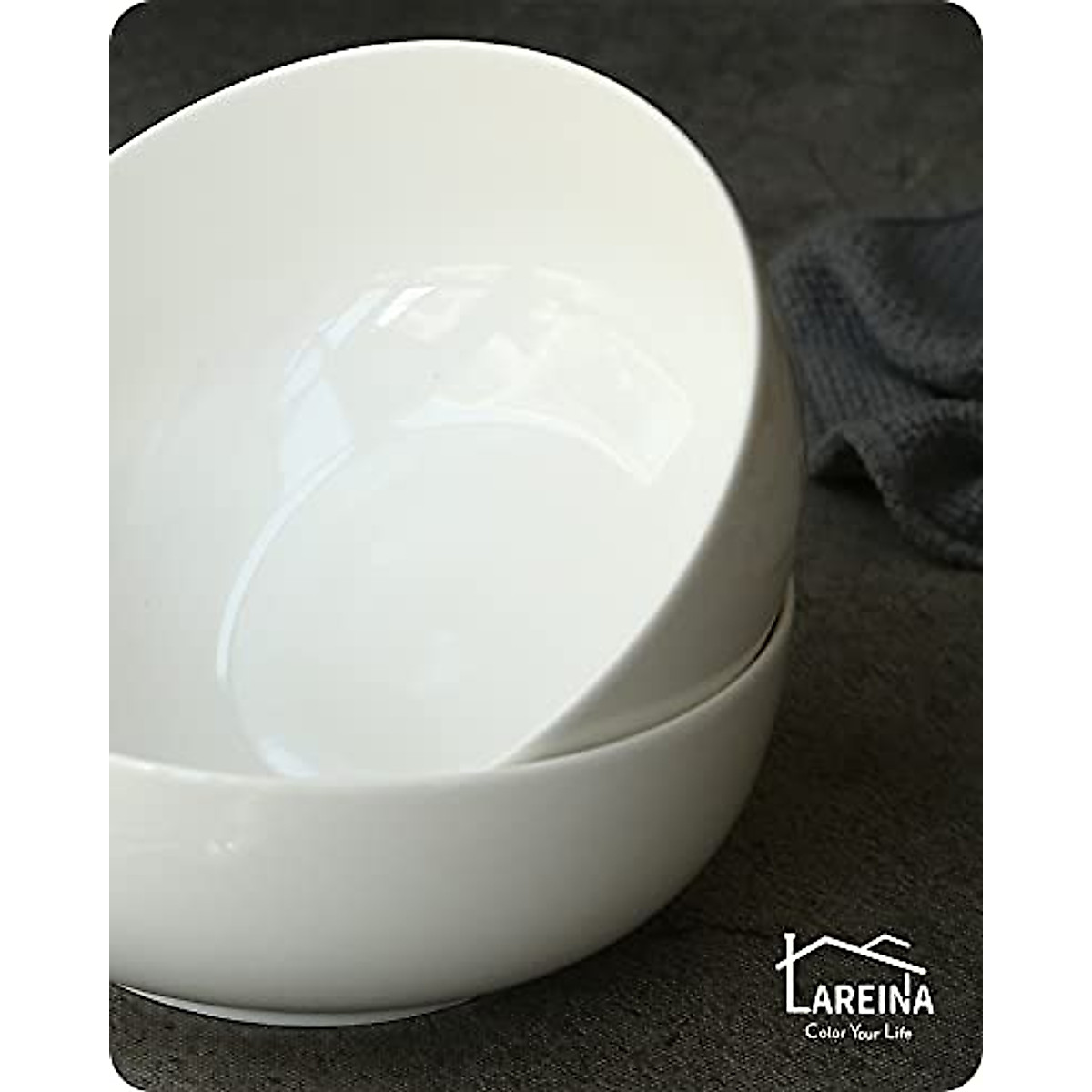 Lareina Large Soup Salad Pho Bowls for Kitchen, Premium 8 Inch 60 oz Ceramic Bowls Set for Ramen,Noodle, Cereal, Microwavable, White, 3PCS, Great Gift