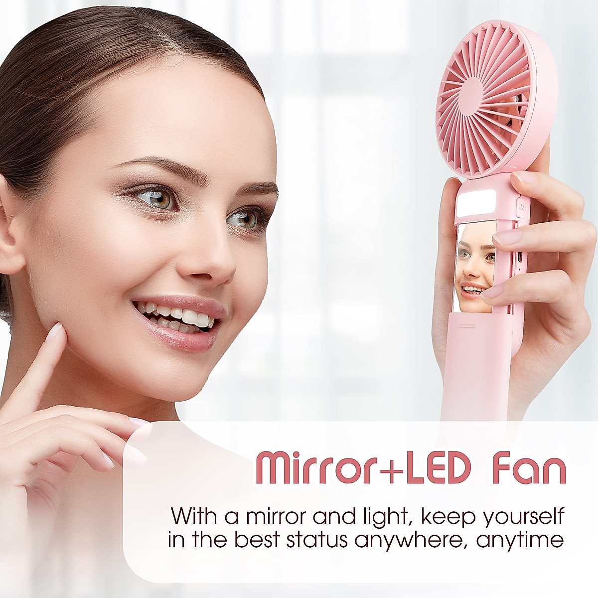 decorneo Portable Handheld Fan with Makeup Lights, Mini Fan Rechargeable Quiet 3 Speed Necklace Fan, USB Desk Fan with Stand,Small Hand Held Fan, Gift for Women Travel Outdoor Indoor - Pink