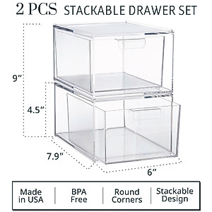 STORi 2-Pack Audrey Stackable Clear Plastic Organizer Drawers | 4.5-Inches Tall | Organize Cosmetics and Beauty Supplies on a Vanity | Made in USA