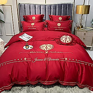 OQHAIR 60 Long-Staple Cotton Double Happiness Embroidered Four-Piece Set Red Cotton Duvet Cover Bed Cover Wedding Simple Bedding (Color : B 5-Piece Suit, Size : 1.5m) (B 6 Piece Suit)