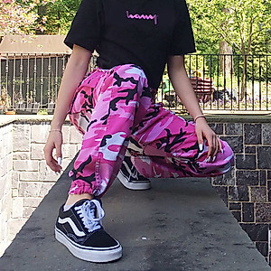 ZODLLS Women's Camo Pants Cargo Trousers Cool Camouflage Pants Elastic Waist Casual Multi Jogger Pants with Pocket Hot Pink-M