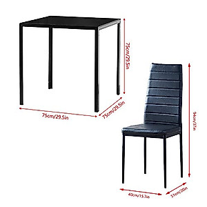 Set of 5 Dining Table Chair Set, Black Glass Square Dining Table and 4 Black Faux Leather Dining Chairs, Modern Dining Room Set with Metal Legs 5-Piece Kitchen Table Chair Set for Home Restaurant