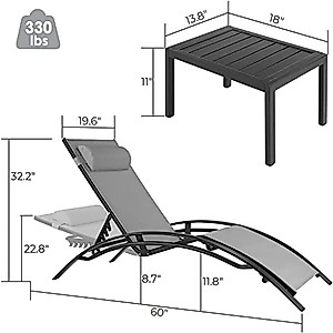 NICEDAYFY 3Pcs Sun Lounger Recliner Set Aluminum Chaise Lounges,Reclining Chair with 5 Adjustable Backrest, Head Cushion, Table for Garden (Color : A, Size : One Size)