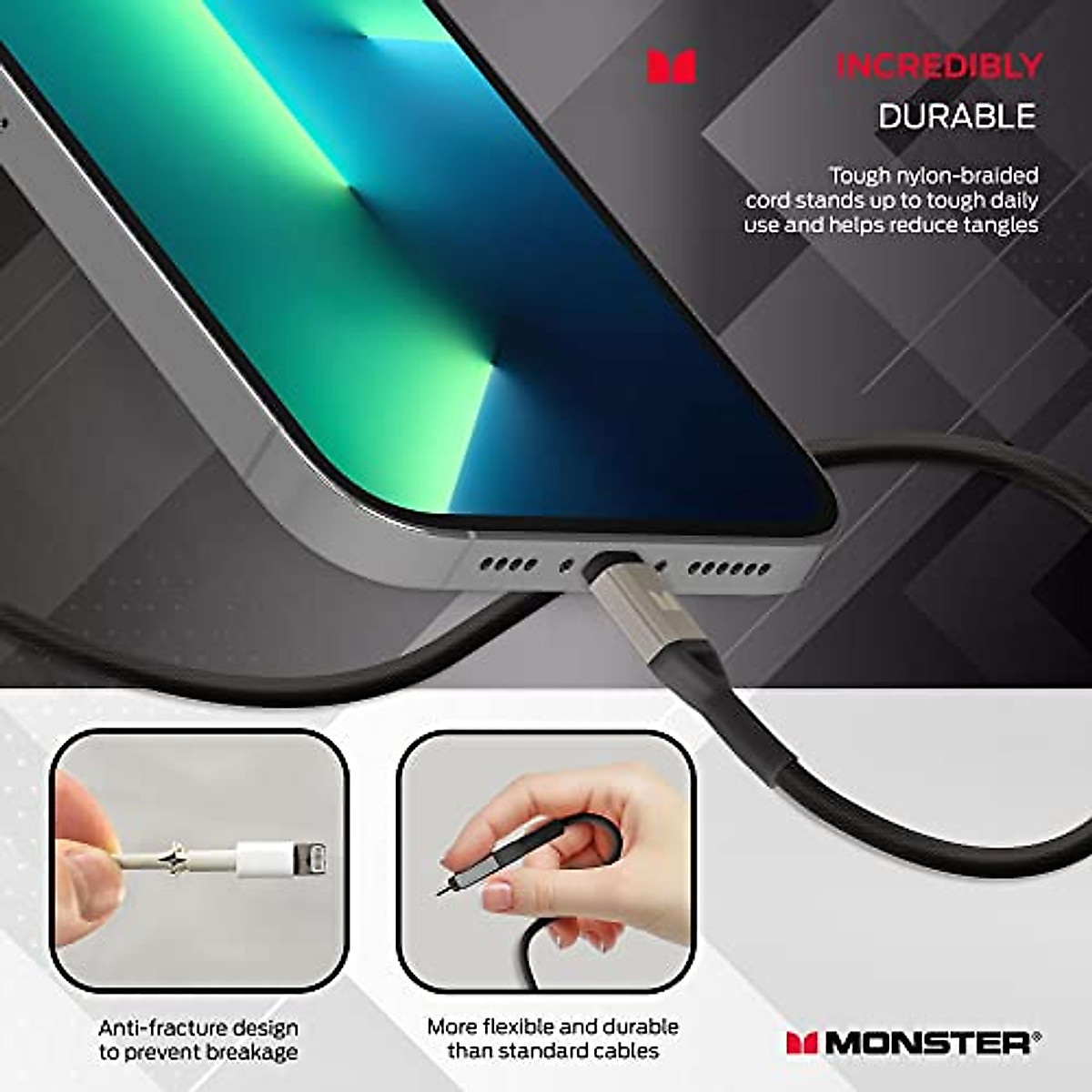 Monster Nylon-Braided 6 or 10 Ft iPhone Charging Cable, Lightning to USB-A (Works w/iPhone SE/11/11 Pro/11 Pro Max/XS/XS Max/XR/X/8/8 Plus/7/7 Plus/6/6 Plus, iPad, iPad Pro, AirPods) (6 Ft, Black)