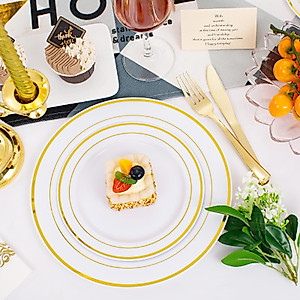 WDF 120 pieces Gold Disposable Plastic Plates - White and Gold Plates Include 10.25" Dinner Plates & 7.5" Salad Plates for Weddings and Party