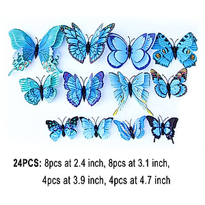 Blue Butterfly Decoration, BOPART 24Pcs Butterflies Wall Decor 3D Butterfly Decals Stickers, Magnetic Butterflies for Crafts (Mixed of 12 Styles at 4 Sizes in Double Wings)