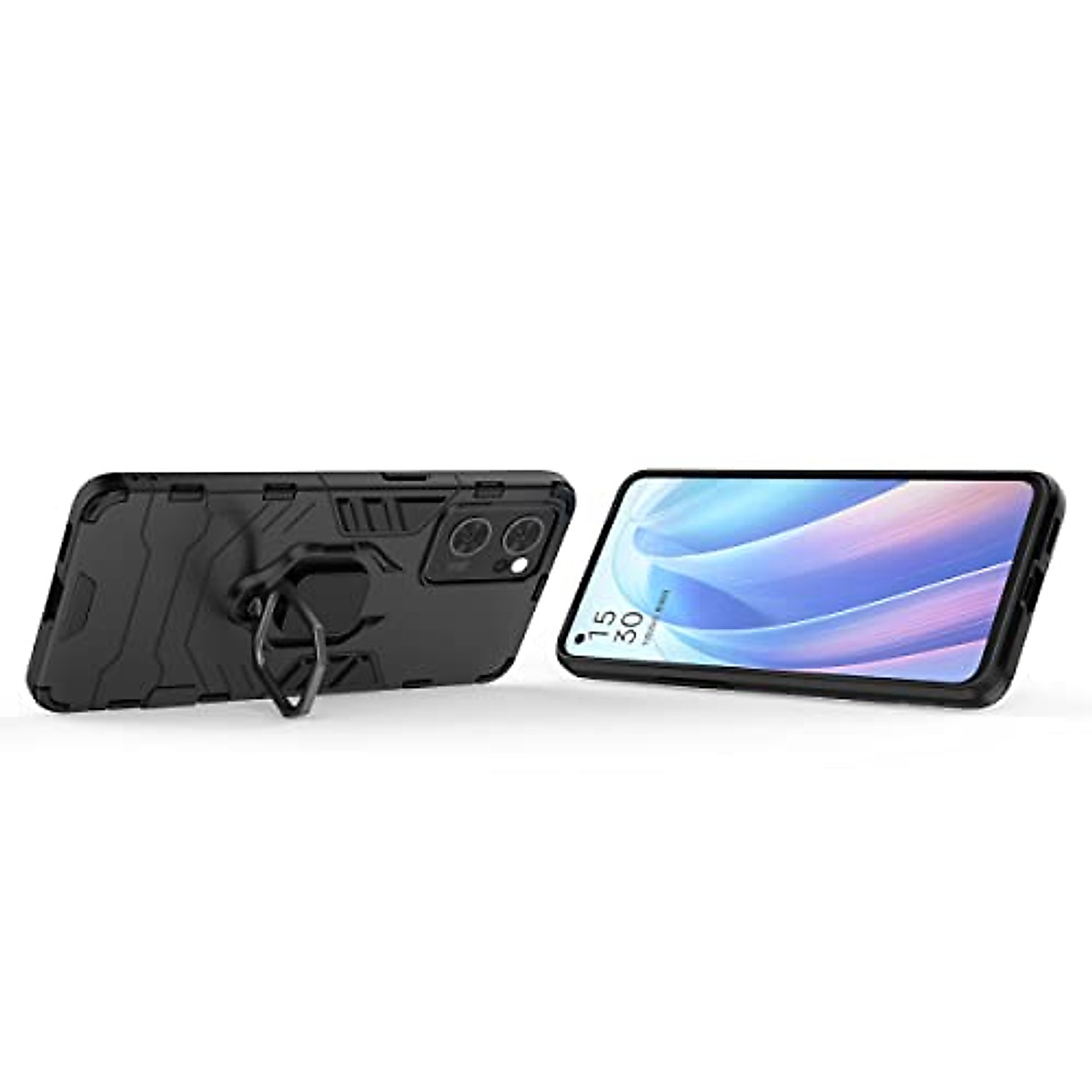 ZMONE Phone Case for Oppo Reno 7 5G Case with Glass Screen Protector [2 Pack] Heavy Duty Dual Layer Military Grade Shockproof Protective Cover with Magnetic Ring Kickstand - Black