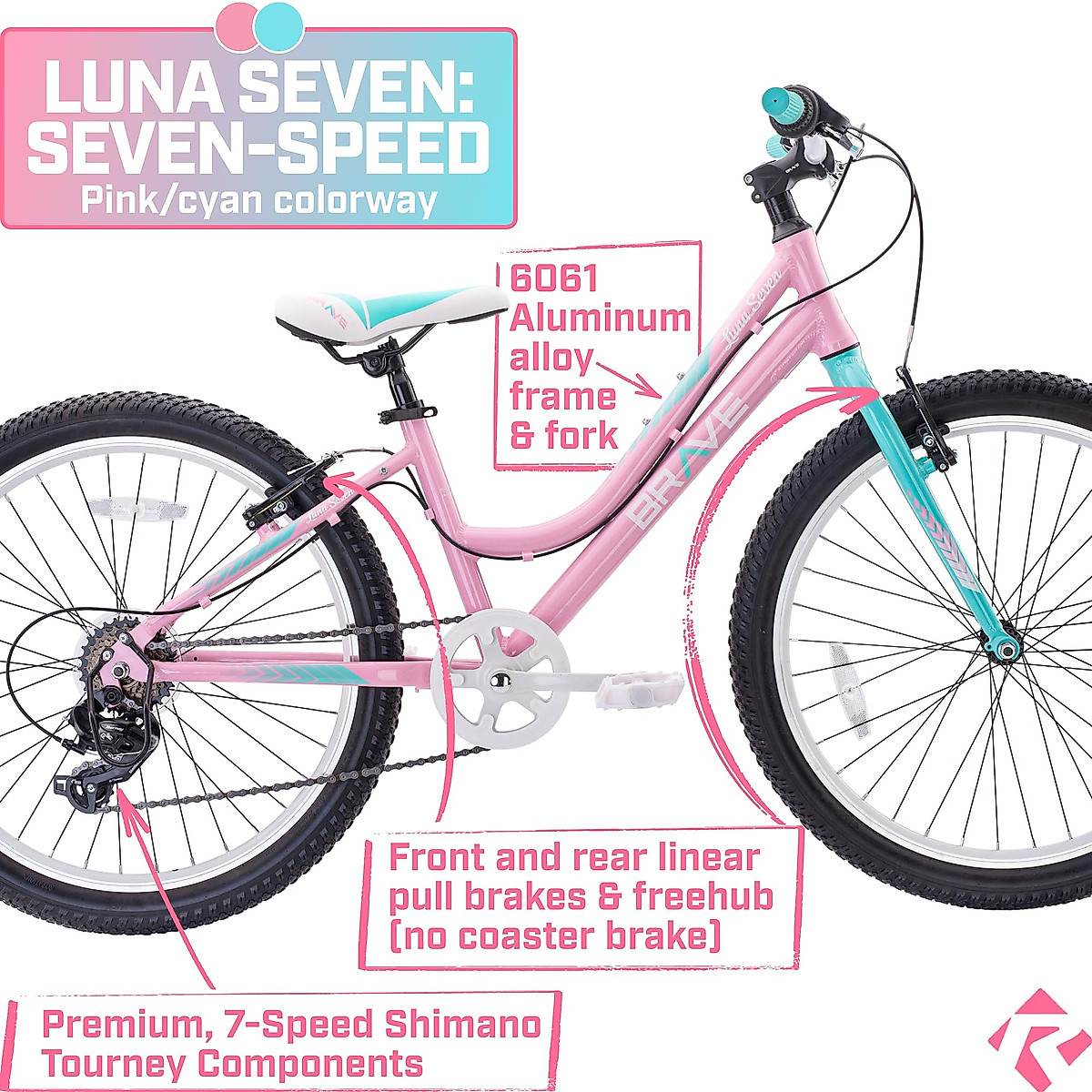 Revere Kids 24" Girls 7-Speed Cruiser Children's Bicycle for Ages 7-11 Years Old. Lightweight Aluminum Frame and Fork, Easy to Ride! (Pink/Cyan)