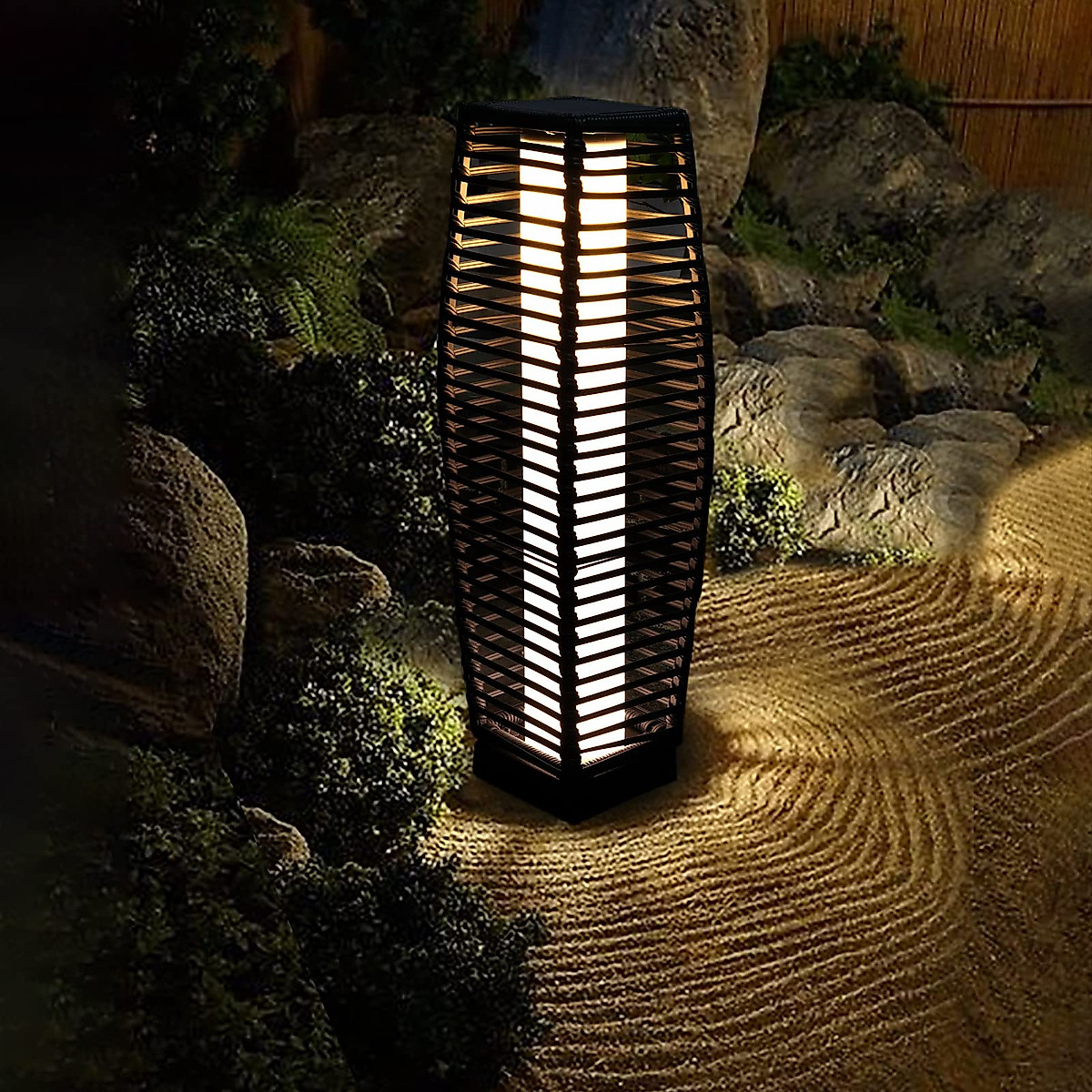 Grand patio Outdoor Solar-Powered Floor Lamp Weather-Resistant Wicker Woven Lights for Deck, Garden, Lawn, Driveway, Pool, Porch - Medium Crossover