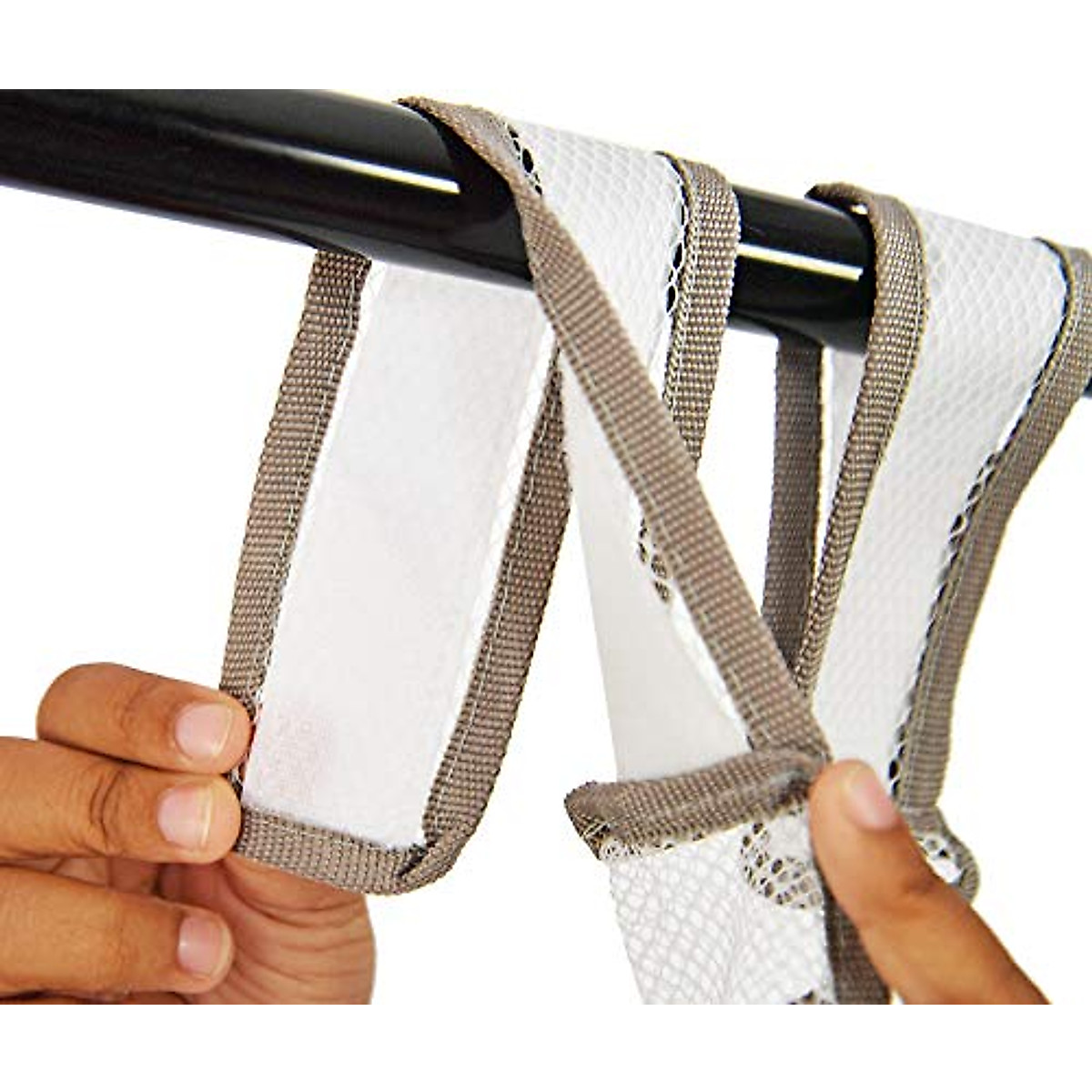 Home-X Hanging Mesh Organizer with Six Pockets, Shower Caddy with Hook and Loop Hanger for Shower Rod, 58" L x 7" W, White/Gray