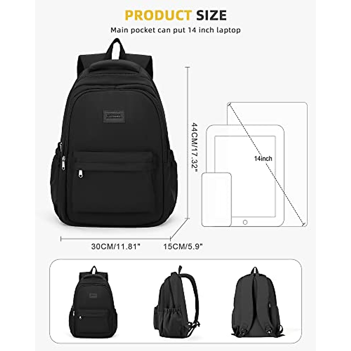 Lightweight School Backpack for Women Men, Black Laptop Travel Casual Daypack College Secondary School Bags Bookbag for Teenage Girls Boys