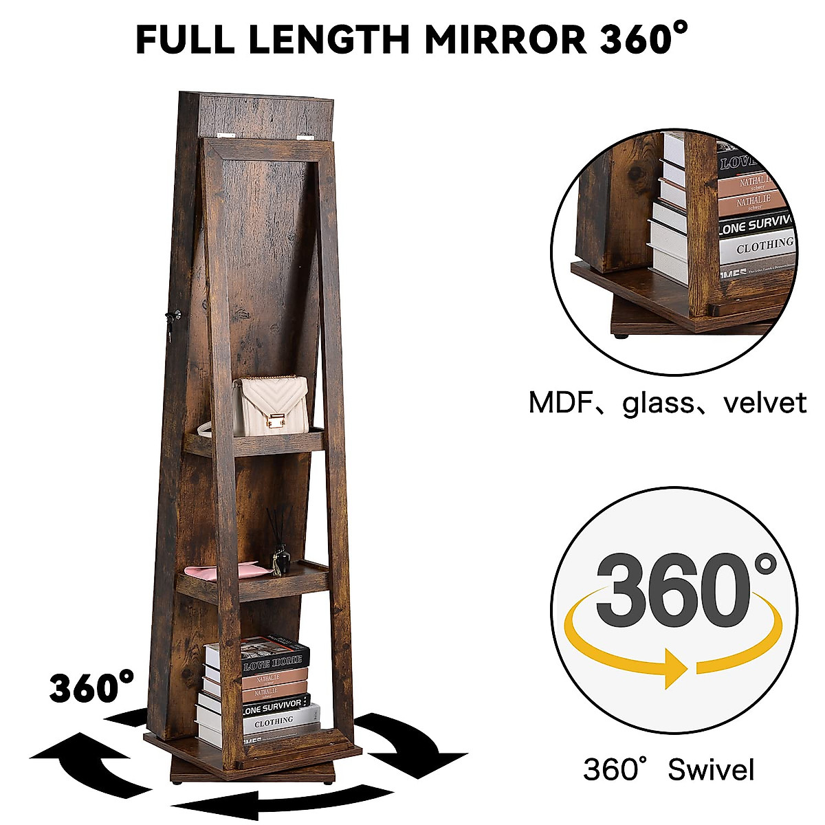 BOSTANA Jewelry Armoire 65" H, Full Length Mirror with Storage 360° Swivel, Lockable Standing Jewelry Cabinet Organizer with Storage Shelves Interior Mirror, Gift Idea, Brown