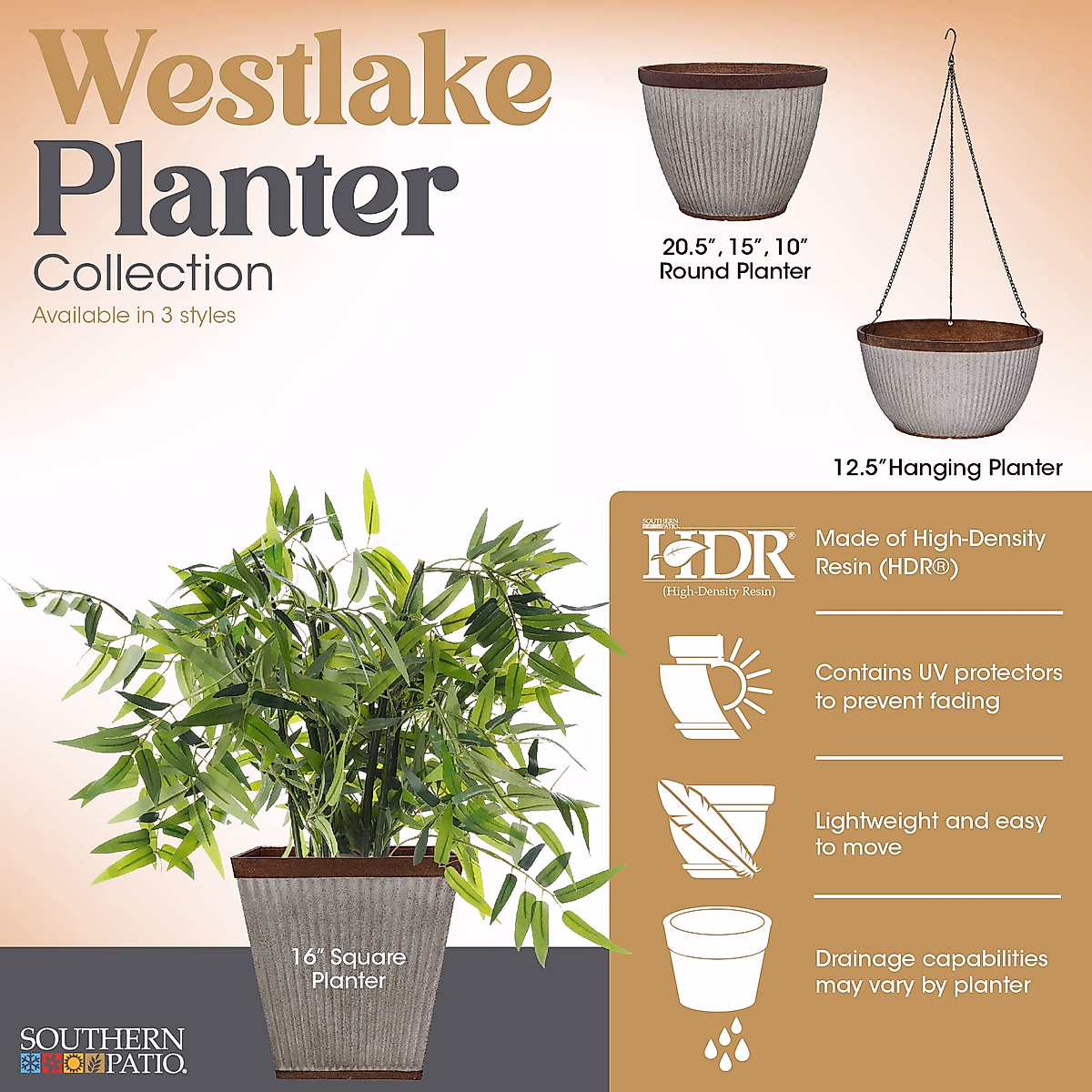 Southern Patio 15" Westlake Indoor/Outdoor Pleated Planter with Drainage Hole, Plug & Galvanized Finish, 19.56 qt. Capacity