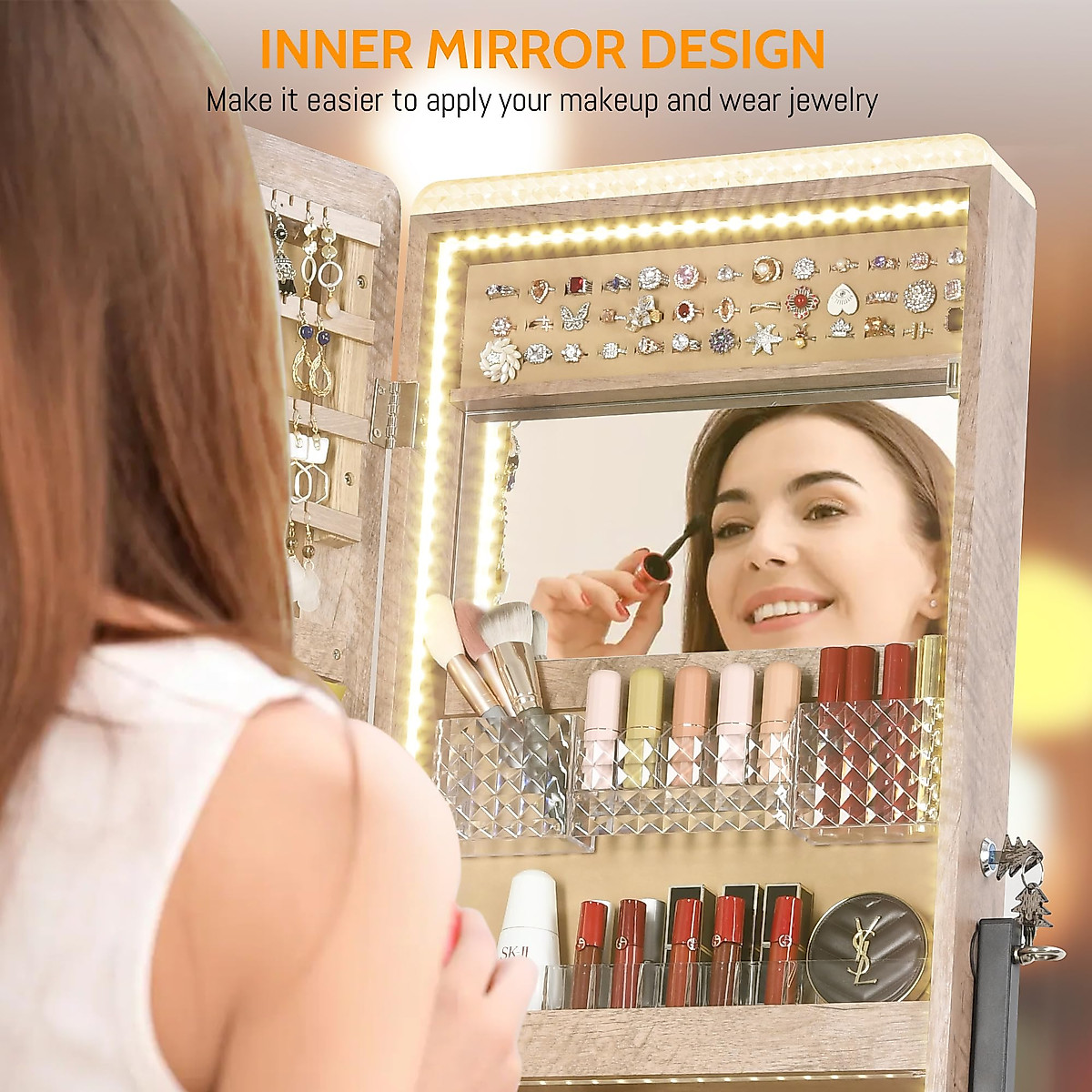 LVSOMT LED Standing Jewelry Mirror Cabinet, Stand Up Full Length Mirror with Storage, Lockable Floor Jewelry Armoire Organizer with 2 Drawers, Bottom Shelf, Built-in Lighted Makeup Mirror (Brown)