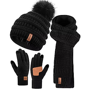 Womens Winter Beanie With Pom Pom, Fleece Lined Scarf and Touchscreen Gloves Set for Cold Weather (Black)