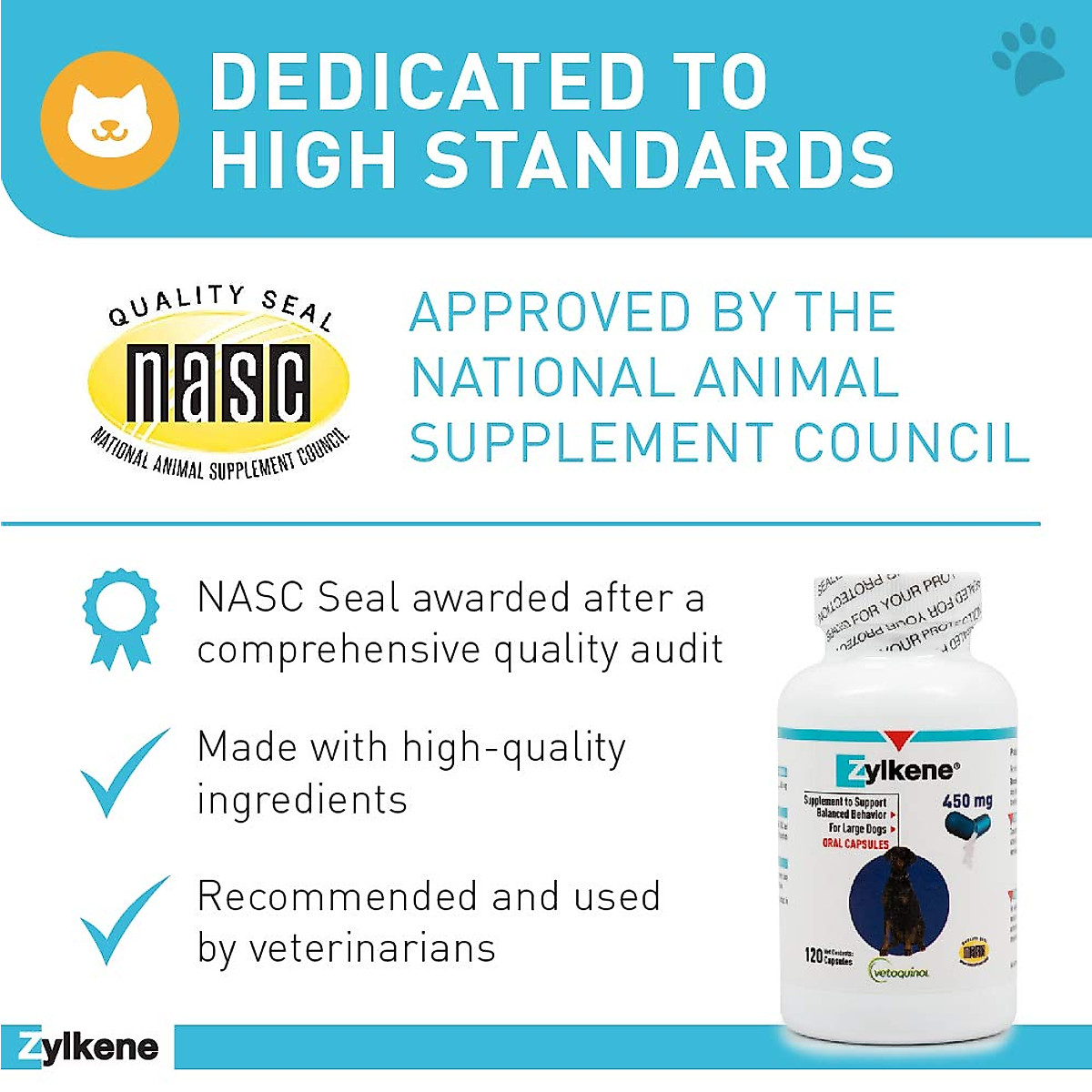 Vetoquinol Zylkene Calming Support Supplement for Large Dogs 33-132lbs, Helps Promote Relaxation and Reduce External Stress Factors, Daily Behavioral Support and Anxiety Relief for Dogs, 450mg