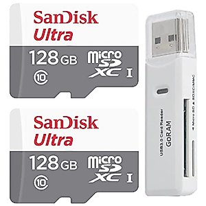 SanDisk 128GB Ultra (2 Pack) MicroSD Class 10 100MB/s Micro SDXC Memory Card SDSQUNR-128G Bundle with (1) GoRAM Reader (128GB, 2 Pack)