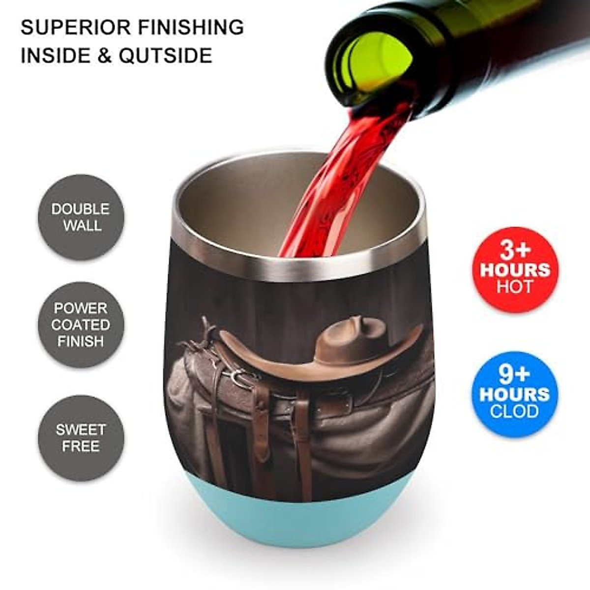 YKUDBN Stainless Steel Insulated Cup, Horse Saddle with A Cowboy Hat Wild Print 304 Stainless Steel, Smooth Round Rim Ideal for Office, Home, And Gift Giving