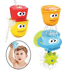 Yookidoo Baby Bath Toys - Fill 'N' Spill Set of Four Stackable Cups with Suction Cup Ring Holder and Water Wheel- Sensory Toy for Bath Time - Attaches to Any Bath Tub