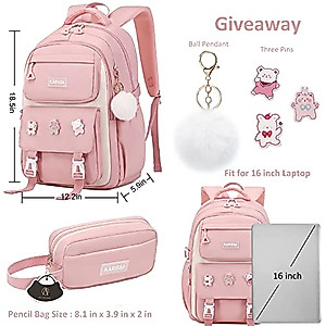 AO ALI VICTORY Backpack for Girls Set with Pencil Case 15.6 Inch Laptop School Bag Cute Kids Elementary College Backpacks Large Bookbags for Women Teens Students Anti Theft Travel Daypack - Pink