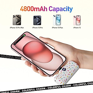 iWALK USB-C Portable Charger with Colorful Pattern, 20W PD Fast Charging 4800mAh Small Power Bank with LED Display, Compatible with iPhone 15/15 Plus/15 Pro/15 Pro Max, iPad, Airpods, White