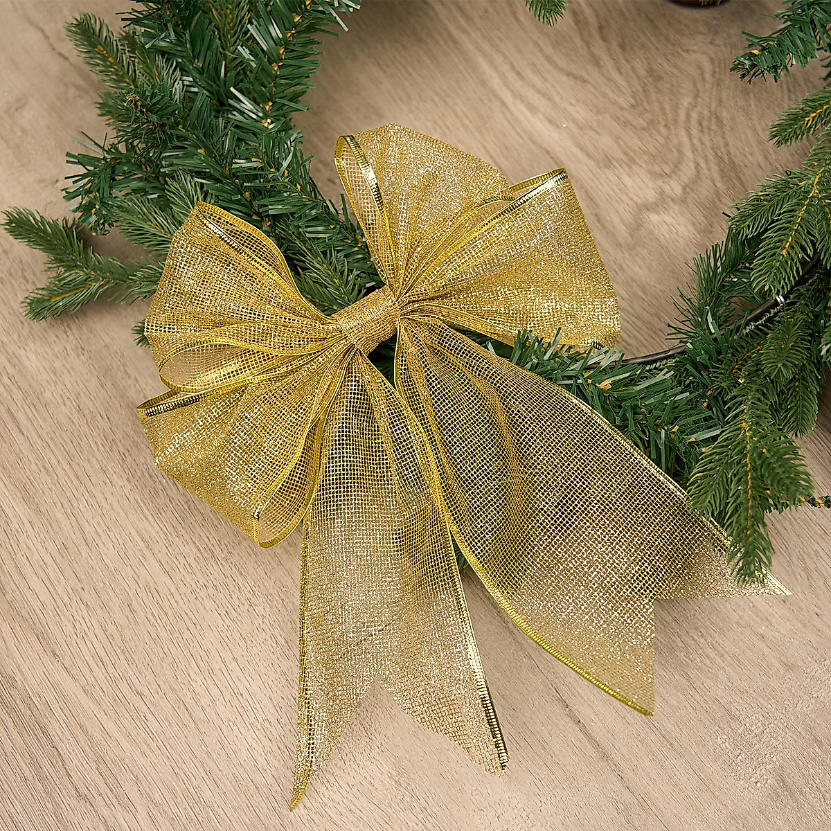 PAPER FAIR 1 Roll 4 Inch Wide 10 Yd Gold Glitter Wired Ribbon, Metallic Gold Mesh Wired Edge Ribbon for Christmas Tree Décor, Gift Wrapping Box, Bows, Wreath, Garland, DIY Craft