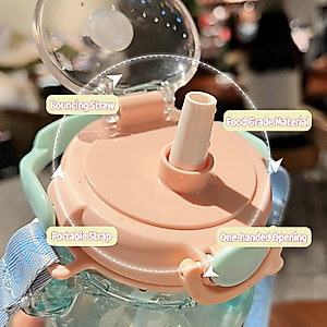 Cute Water Bottle 35OZ Kawaii Water Bottles with Straw and Shoulder Strap for School Camping Sports Travel, Leak-proof Girls Drinking Water Jug