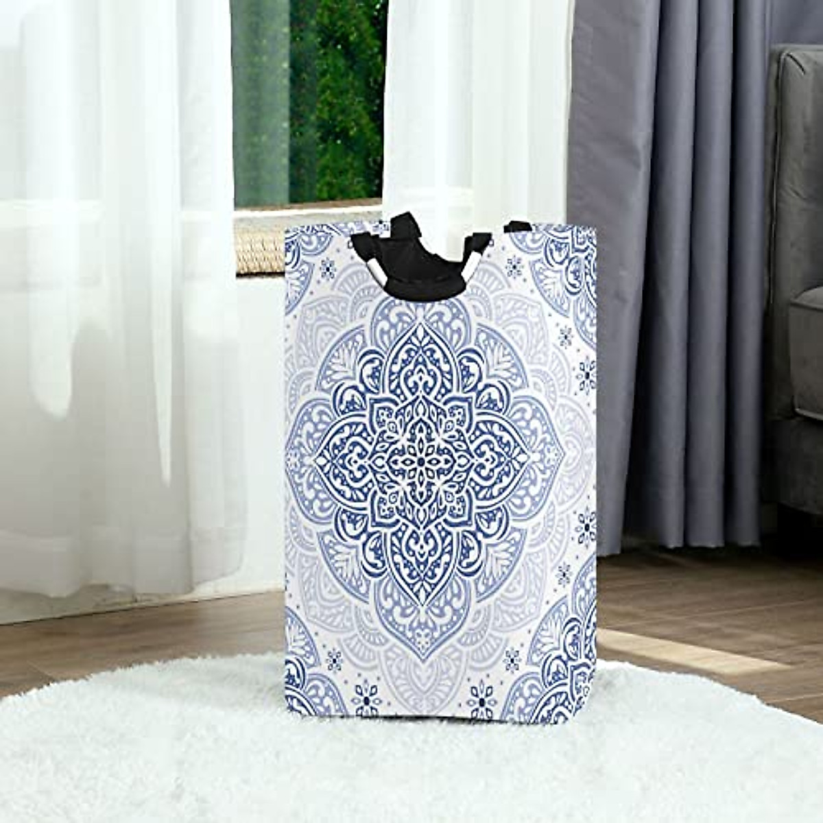 Kigai Blue Embroider Laundry Basket Foldable Large Laundry Hamper Bucket with Handles Collapsible Nursery Storage Bin for Kids Clothes Toy