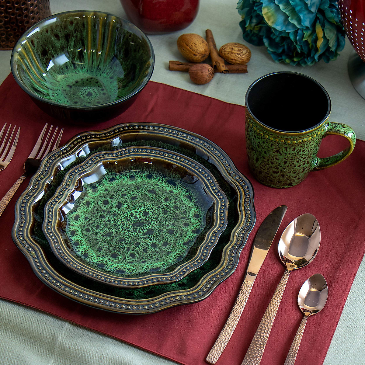 Elama Stoneware Round Oval Dinnerware Dish Set, Jade Green